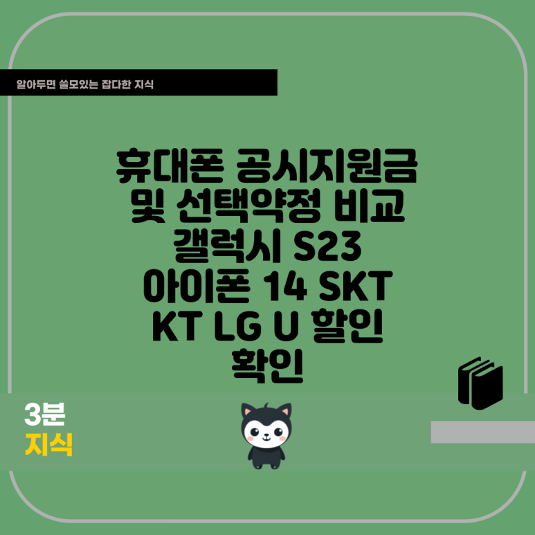 휴대폰 공시지원금 및 선택약정 비교 갤럭시 S23 아이폰 14 SKT KT LG U 할인 확인